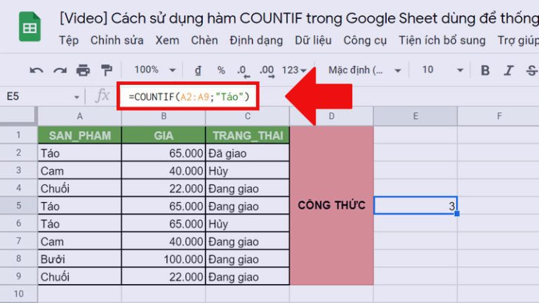 Hướng dẫn sử dụng hàm Countif trong Google Sheet qua ví dụ